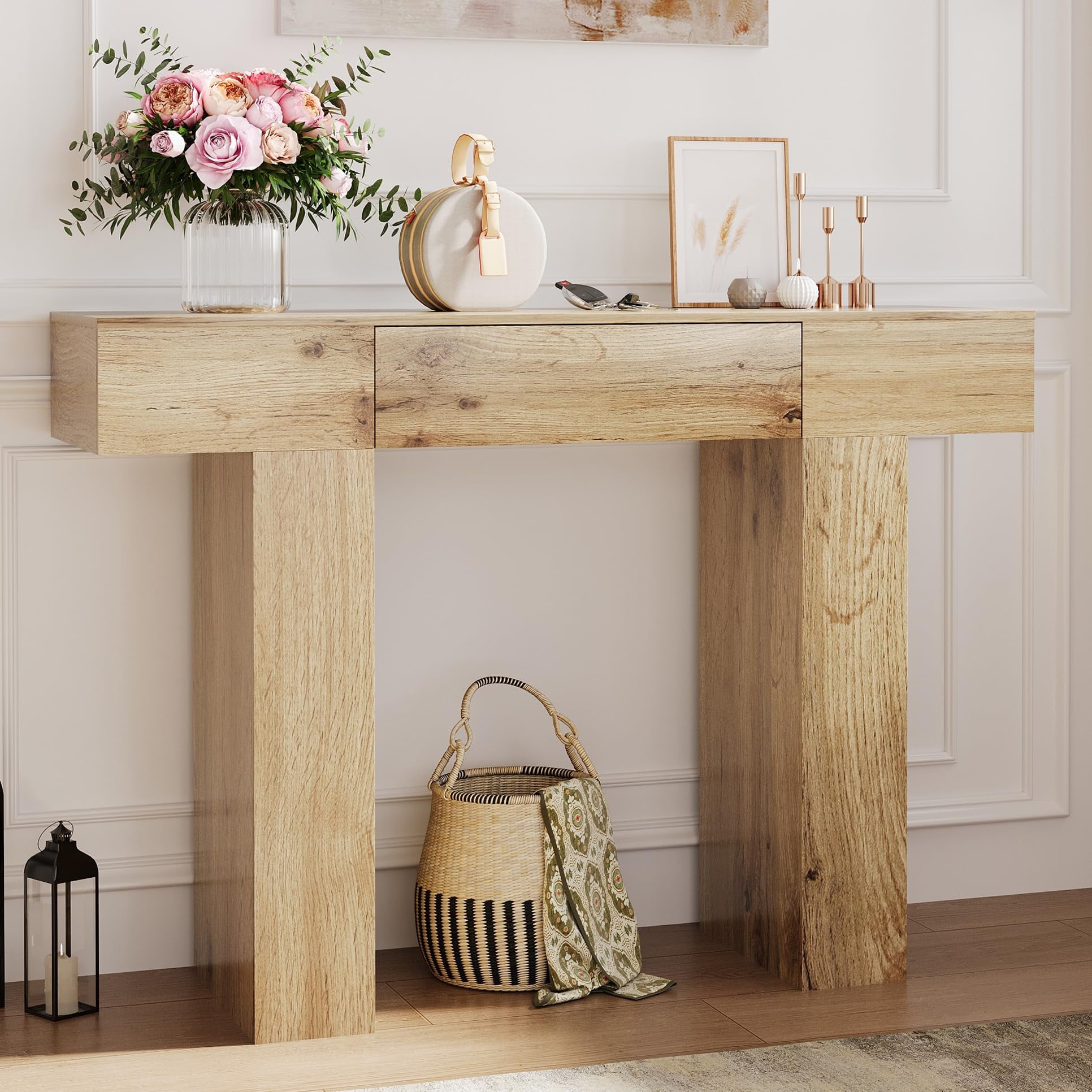 Litake 47 in Long Console Table with Drawer, Wooden Rectangular Sofa ...