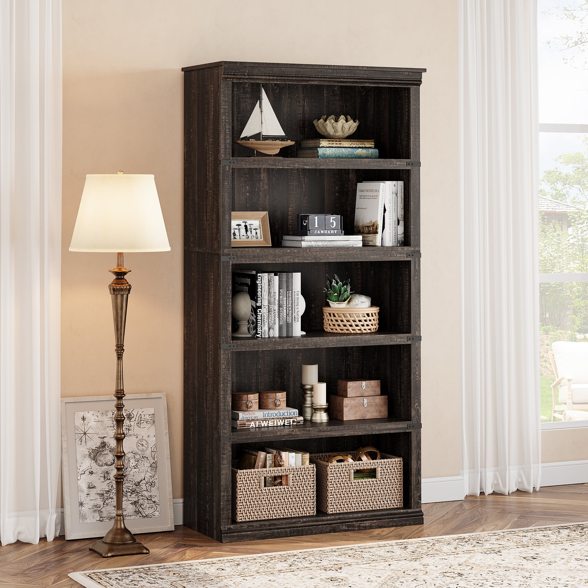Litake 5 Tier Bookcase, Farmhouse Book Shelf with Storage Open Display ...