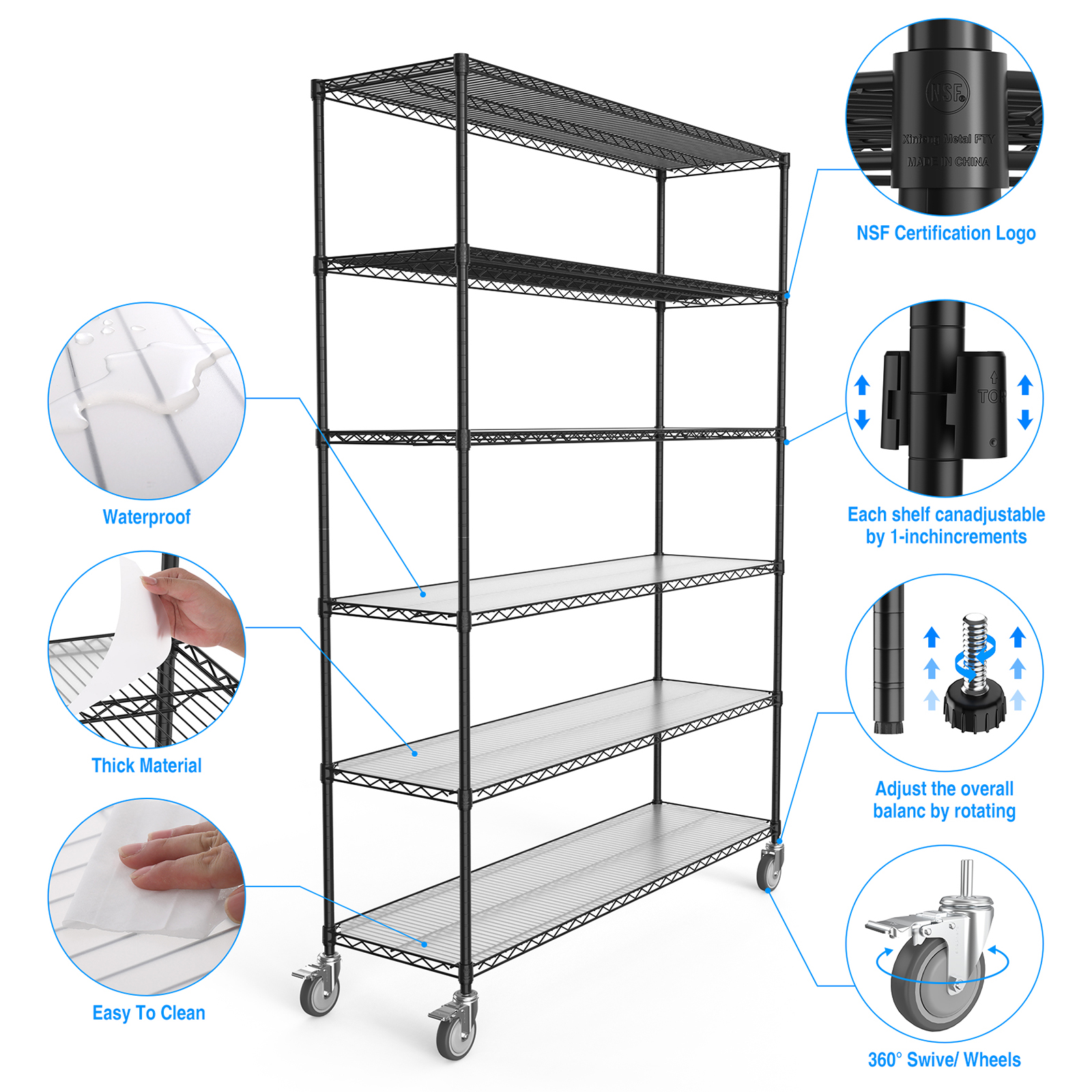 Litake 6 Tier NSF Wire Shelf Shelving Unit 6000LBS NSF Height Adjustable Metal Garage Storage ...