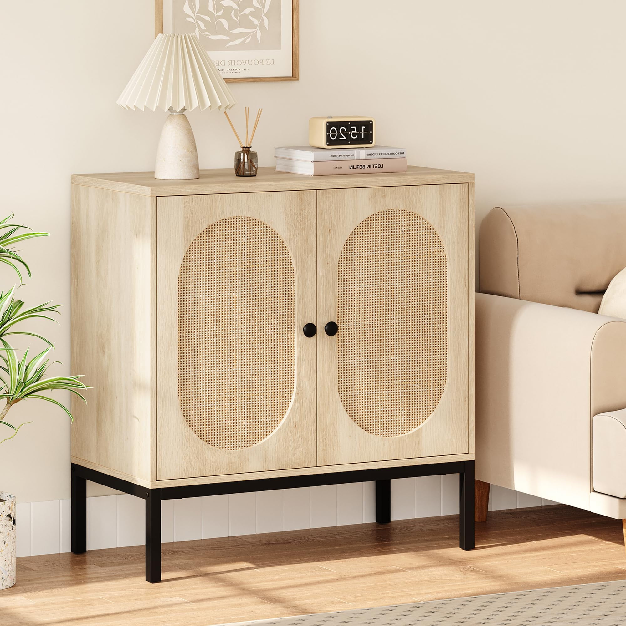 Litake Rattan Storage & Buffet Cabinet with Shelves, Wood Console for ...