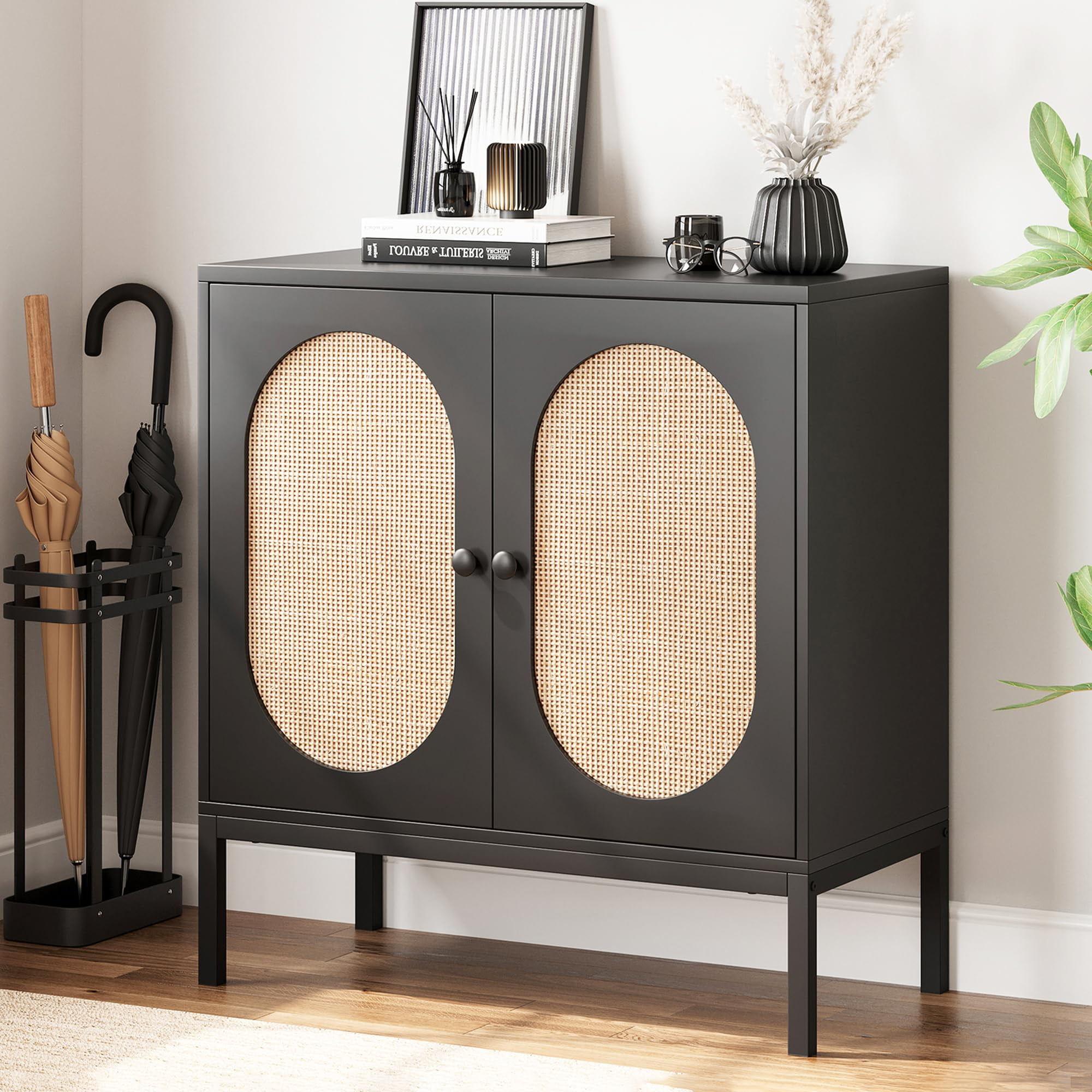 Litake Rattan Buffet Cabinet, Accent Sideboard with Shelves, Wood ...