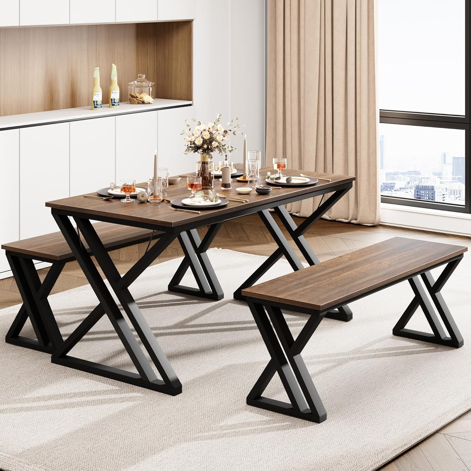 Litake Dining Table Bench Set for 4, Kitchen Table Set with 2 Benches ...