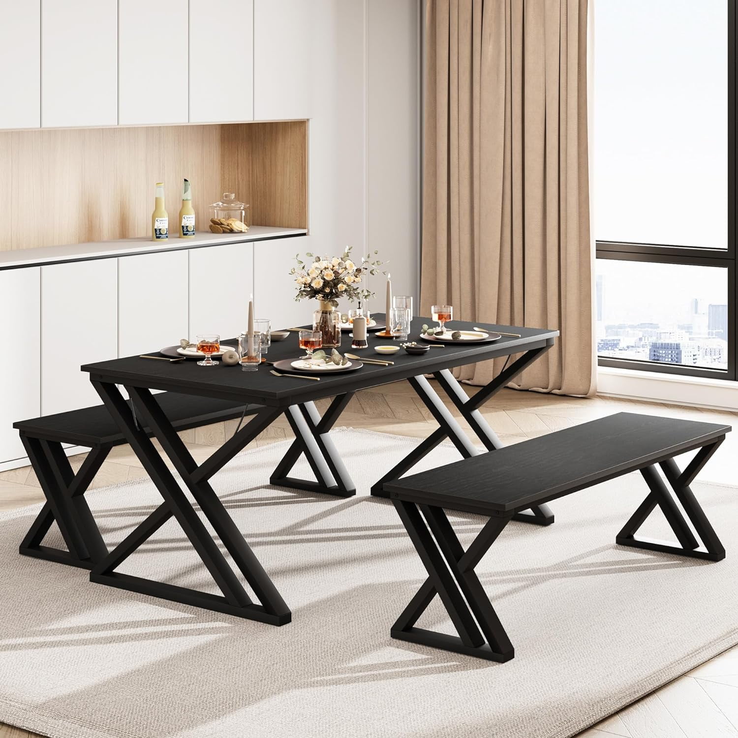 Litake Dining Table Bench Set for 4, Kitchen Table Set with 2 Benches ...