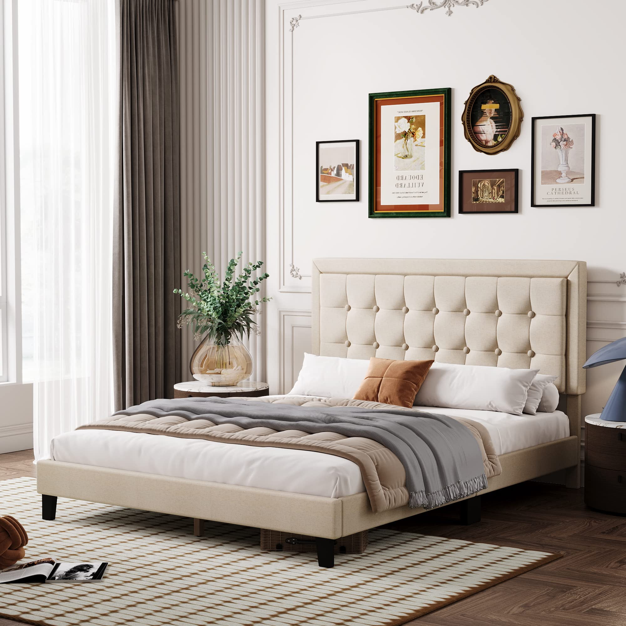 Litake Full Size Bed Frame, Modern Upholstered Platform Bed with Button ...