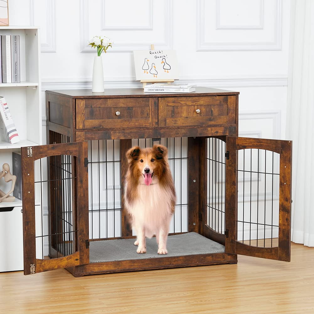 Litake Furniture-Style 3-Door 394" Wooden Pet Kennel & Crate for Dogs ...
