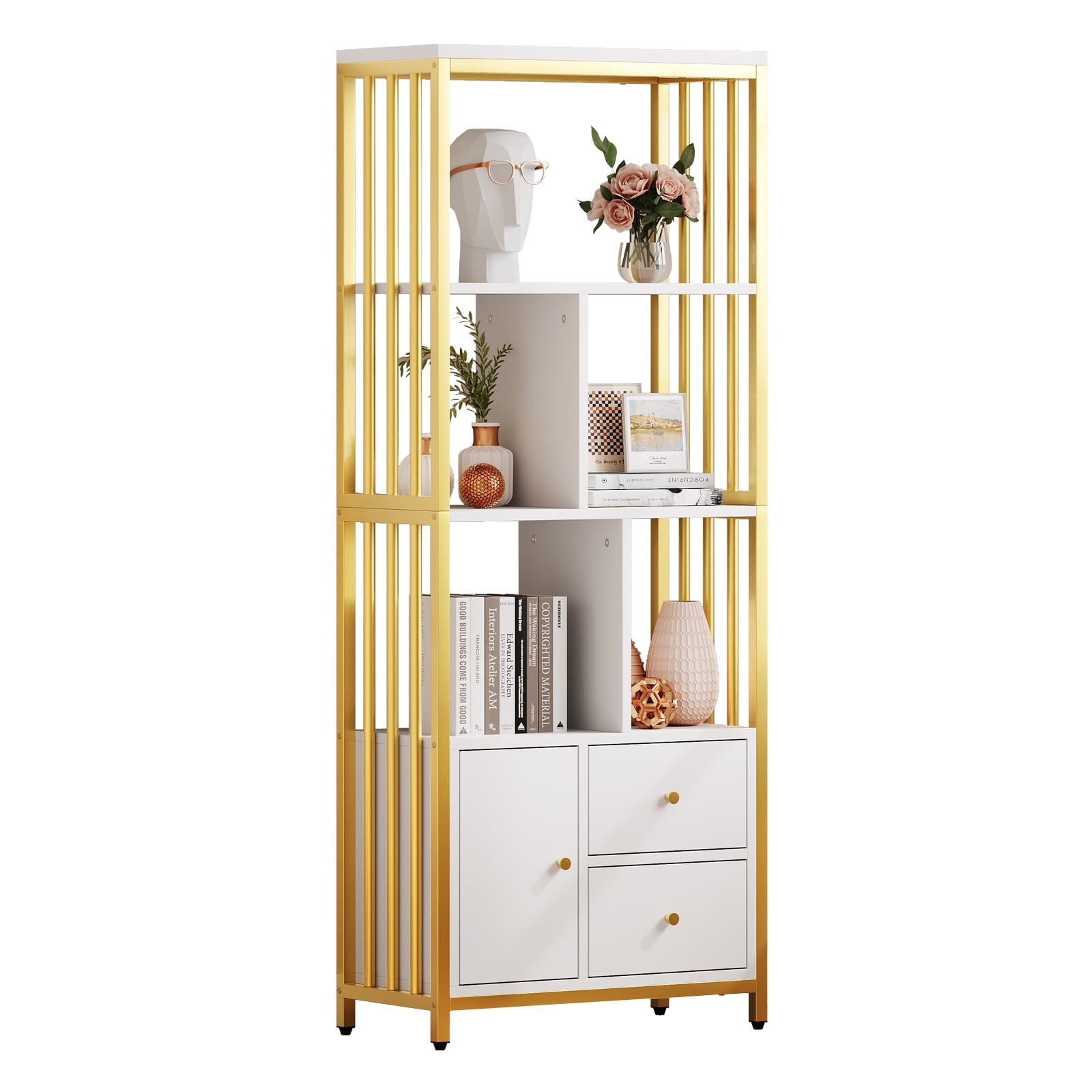 Litake Gold Bookshelf Modern Bookcase with Drawers, Standing Bookshelf ...