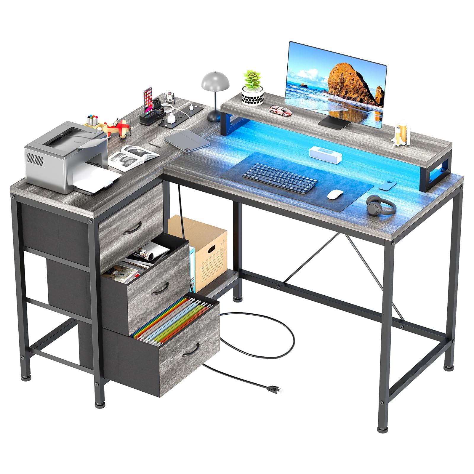 Litake L Shaped Desk with Power Outlets & LED Lights, Computer Desk ...