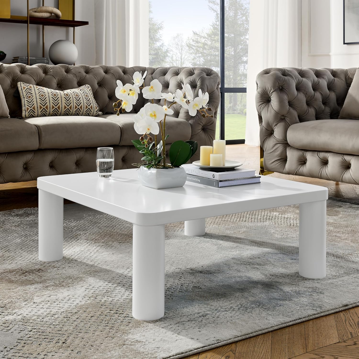 Litake Modern White Square Coffee Table, 33.5