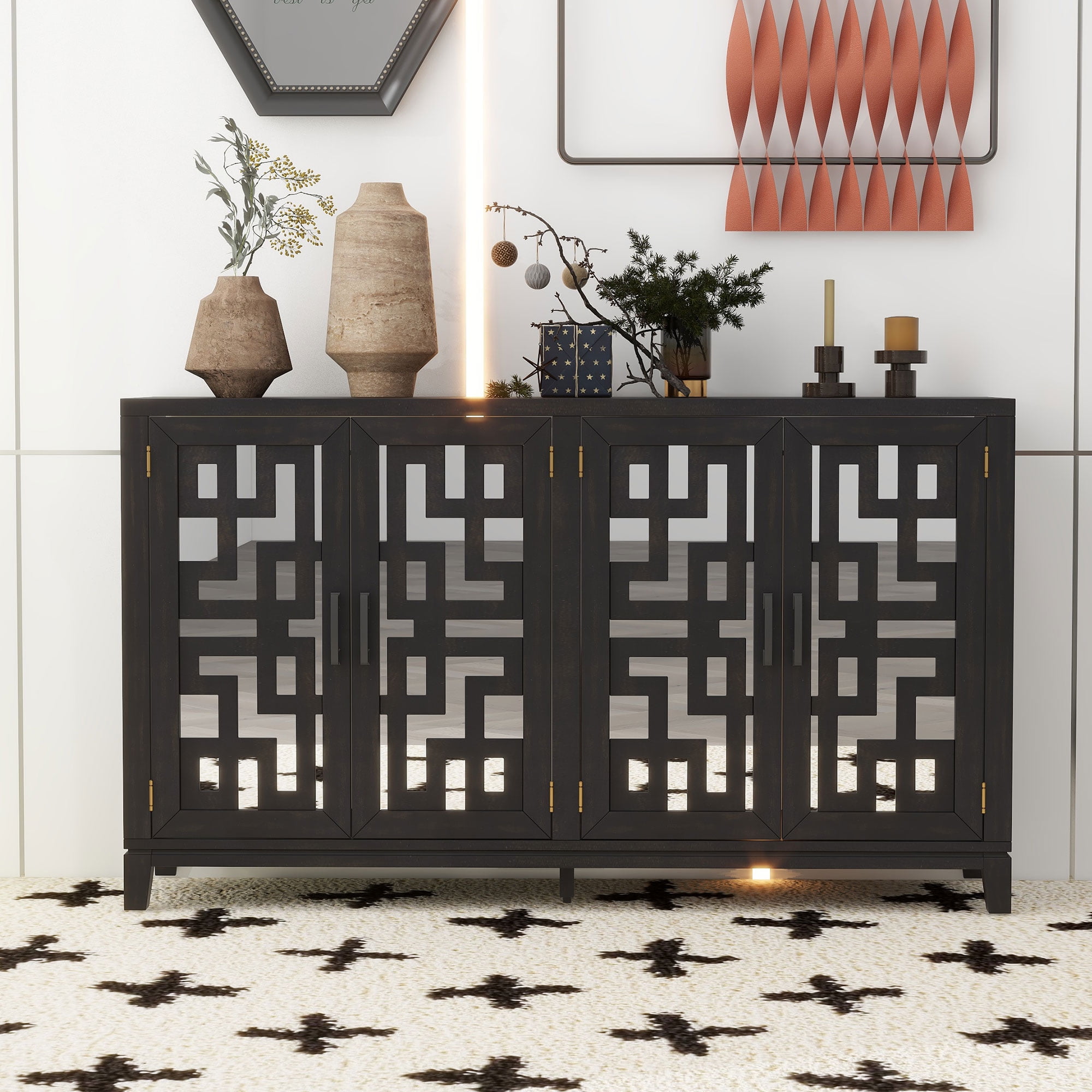 Litake Retro Sideboard Storage Cabinet, 4-Door Mirrored Buffet, Console ...