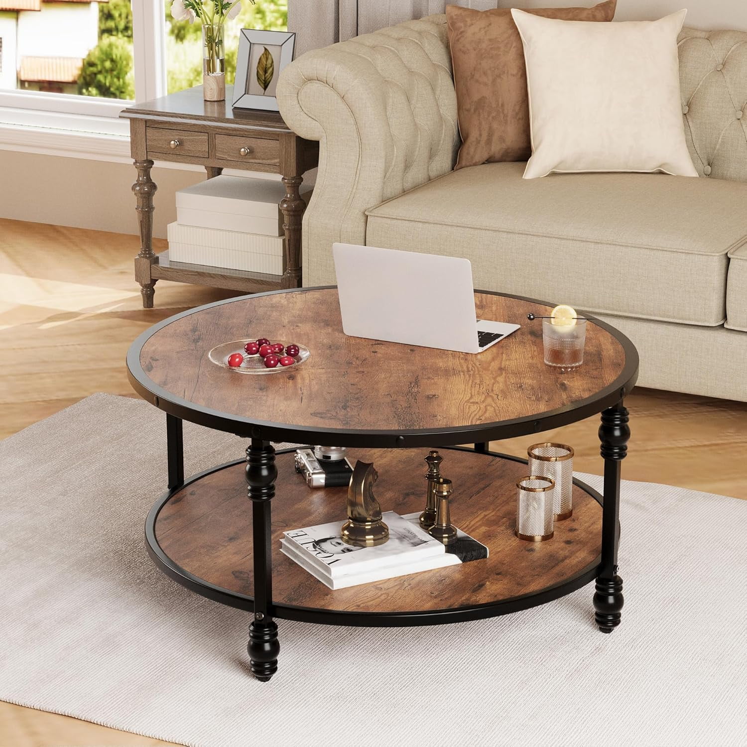 Litake Round Coffee Table Living Room Rustic Circle Center Table with ...