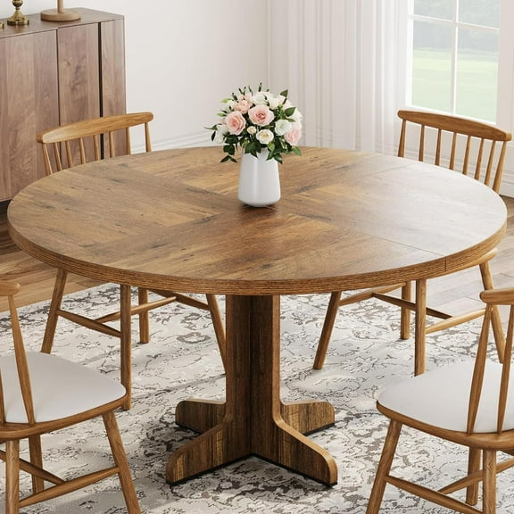 47-Inch Round Dining Table for 4, Circle Kitchen Table with Wood Base ...