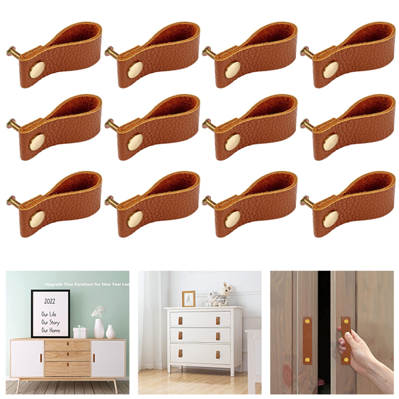 Litchi Leather Door and Drawer Handles, Drawer Pulls for Dresser Brown Cowhide Leather Cabinet ...