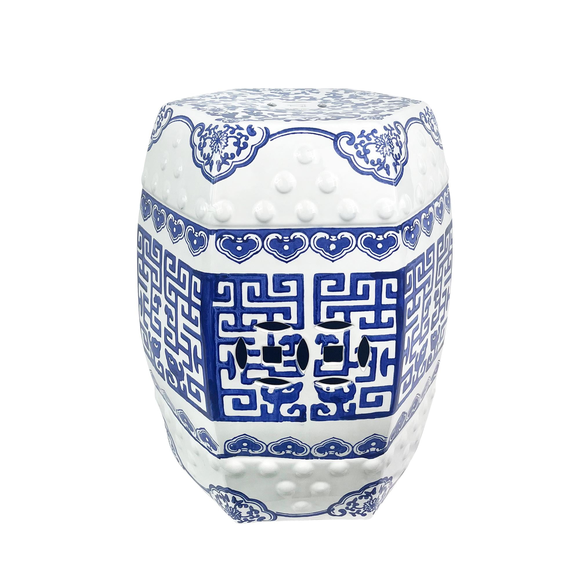 Litchi selected,17.5" Chinoiserie Ceramice Square Garden Stool, Blue ...