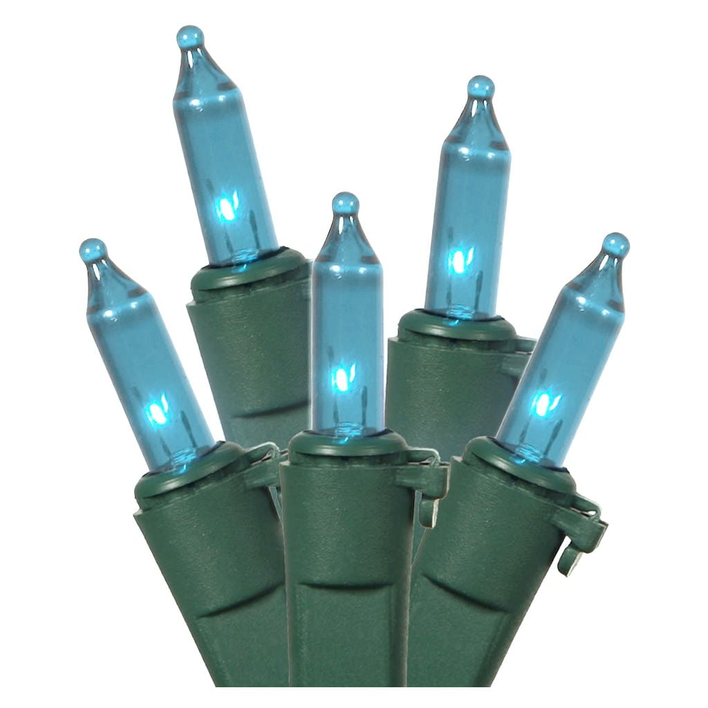 LiteSource Mini Bulb - 35 Light 11.5' Green Wire Teal Christmas Light ...