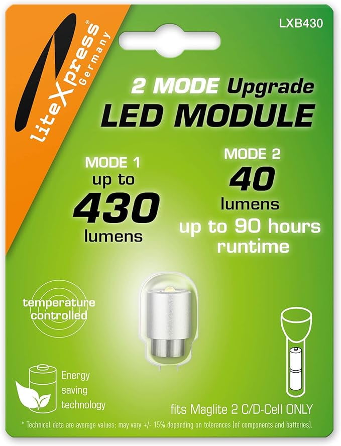 LiteXpress LXB430 2 Mode LED Upgrade Module 430 or 40 Lumen Only for 2 C/D Cell Maglite Torches ...