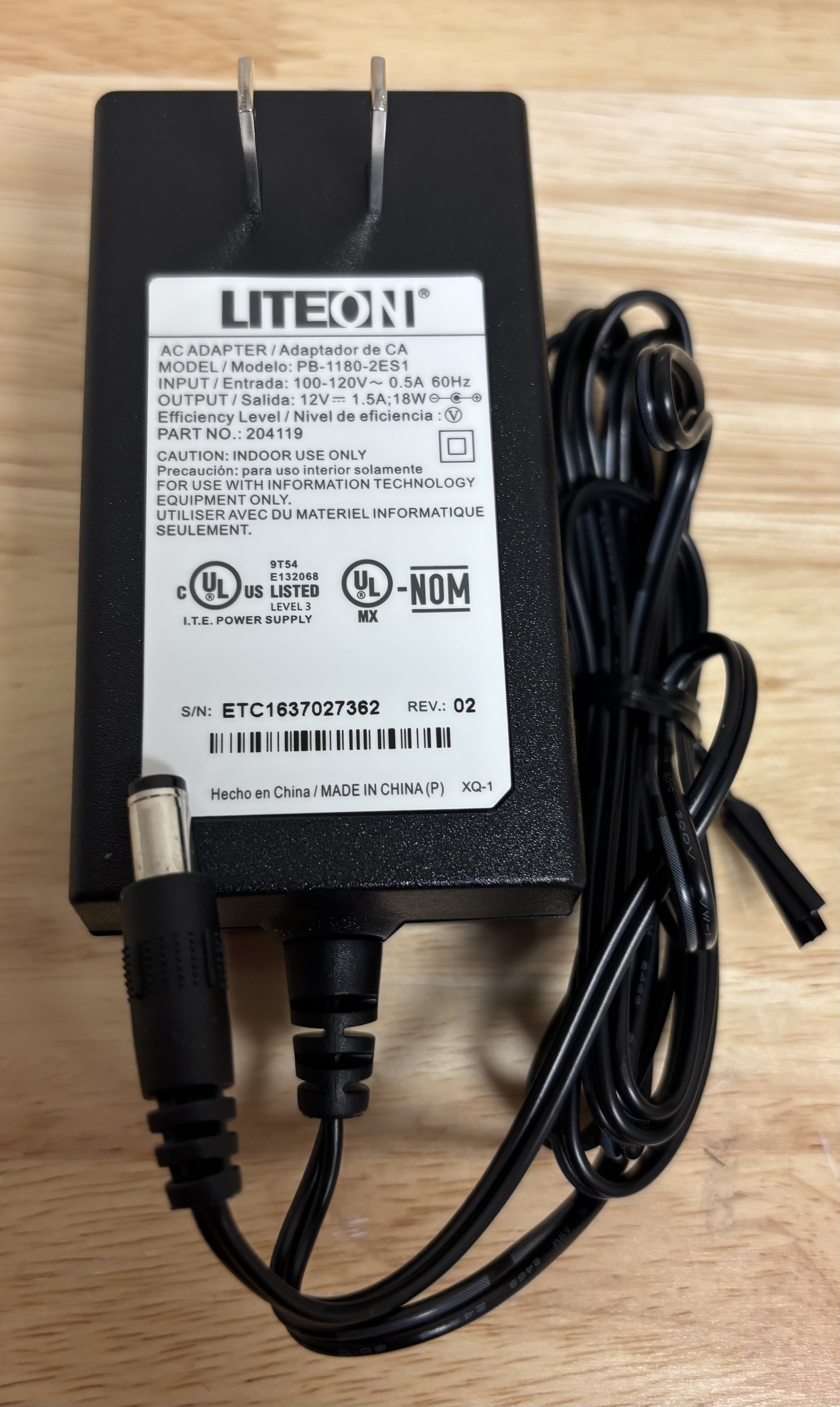 Liteon 12V 1.5 Amp Power Adapter 5 Ft Cord, Model PB-1180-2ES1 ...