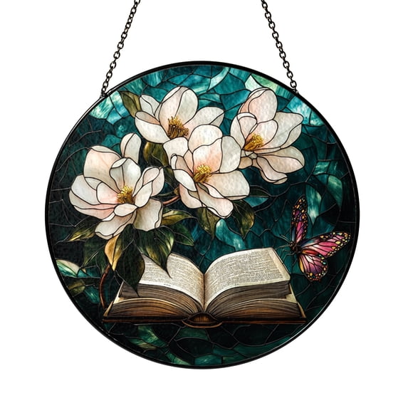Literary Magnolia Book Acrylic Style Suncatcher, Floral Stained Glass ...