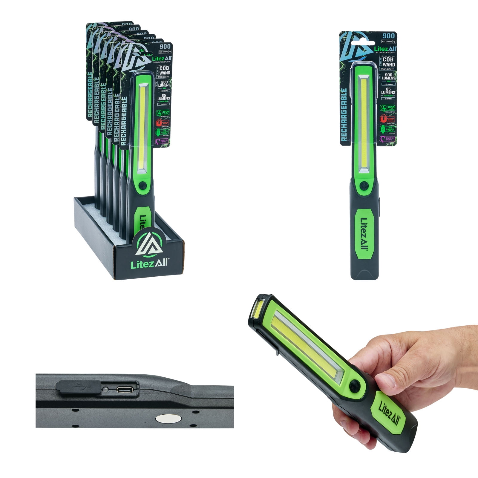 LitezAll Rechargeable 1000 Lumen COB Wand Work Light, Black with Green ...