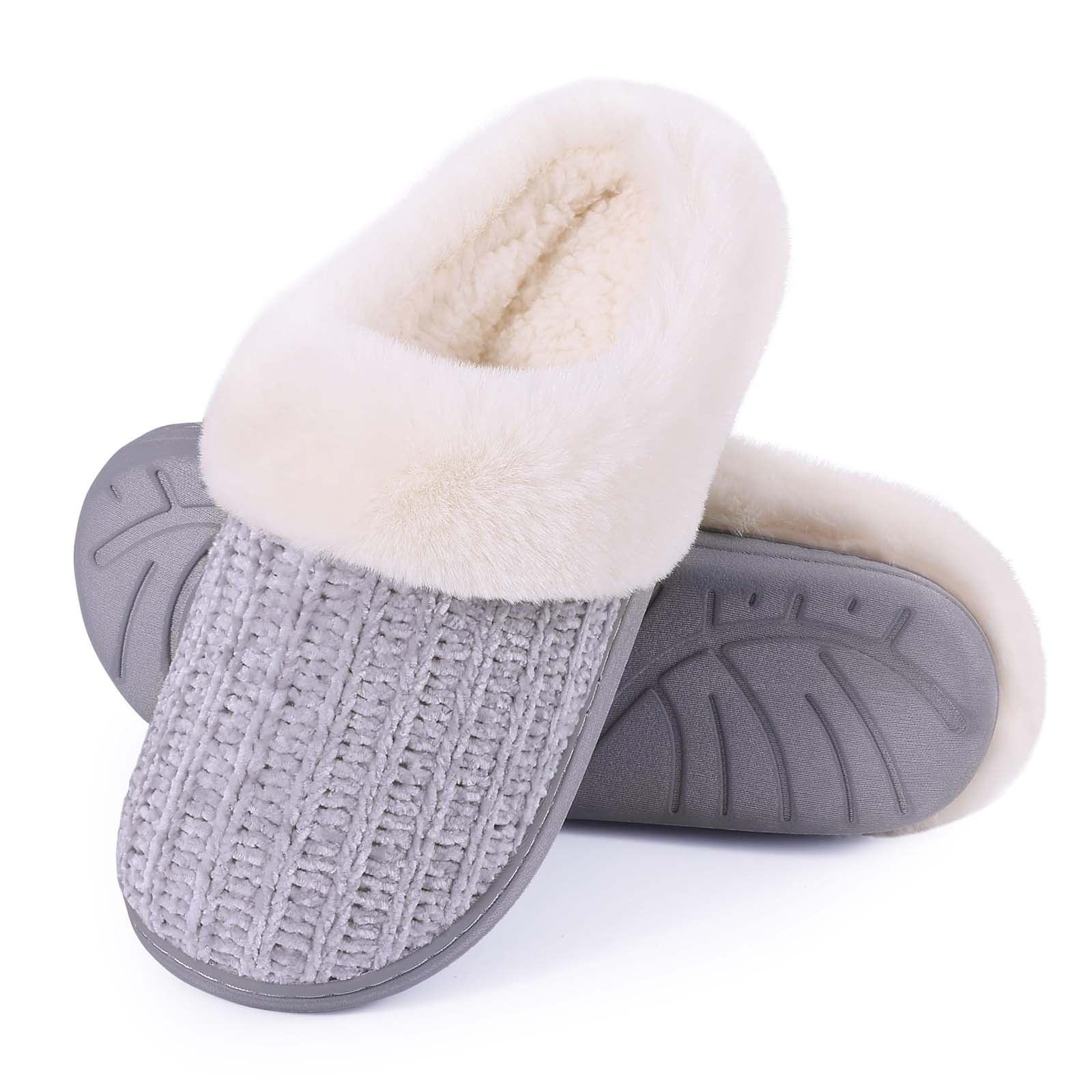 Litfun Fuzzy Slippers for Women Chenille Knit Fleece Slippers Memory Foam House Shoes, Grey ...