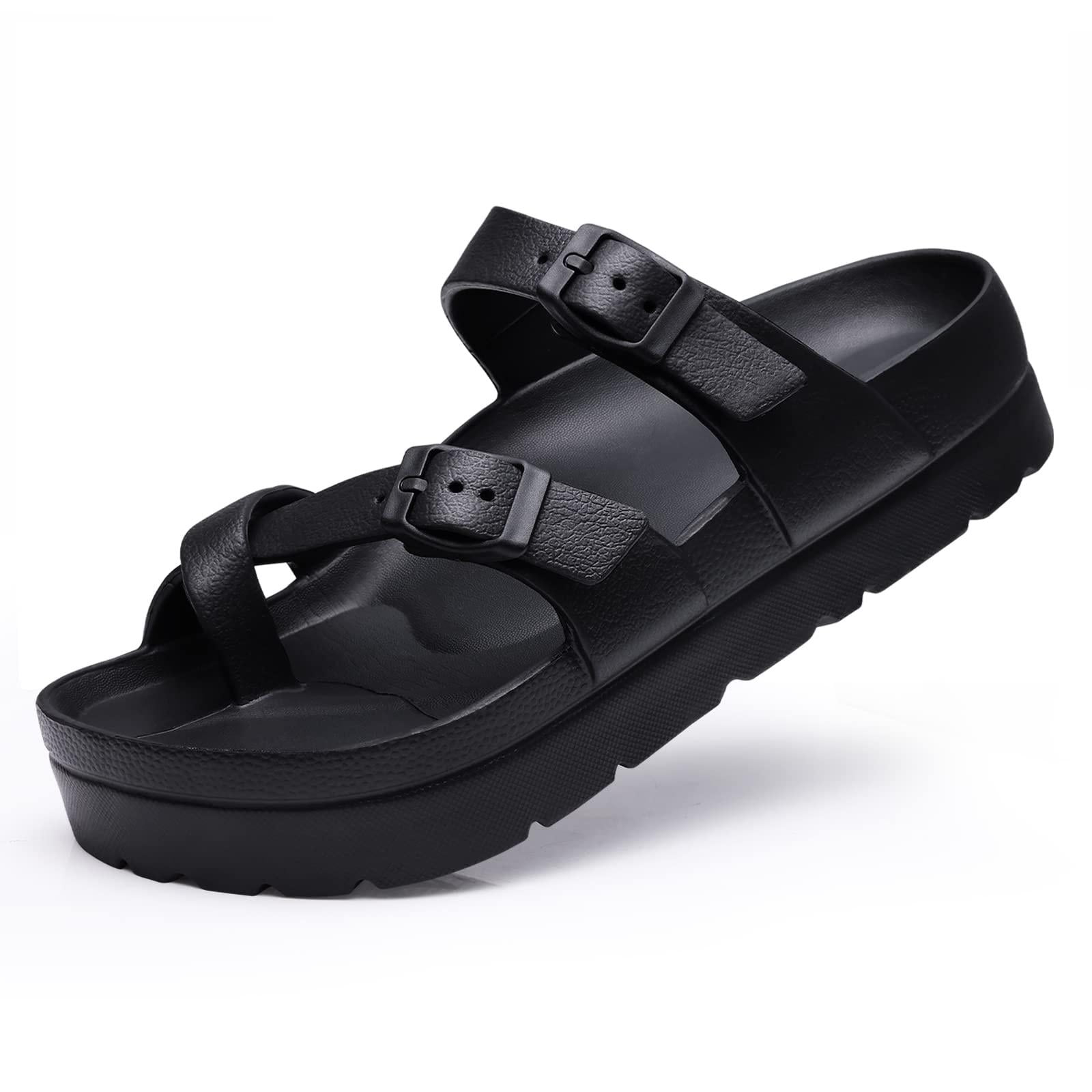 Litfun Women's Black Platform Slide Sandals, Adjustable Buckles, Arch ...