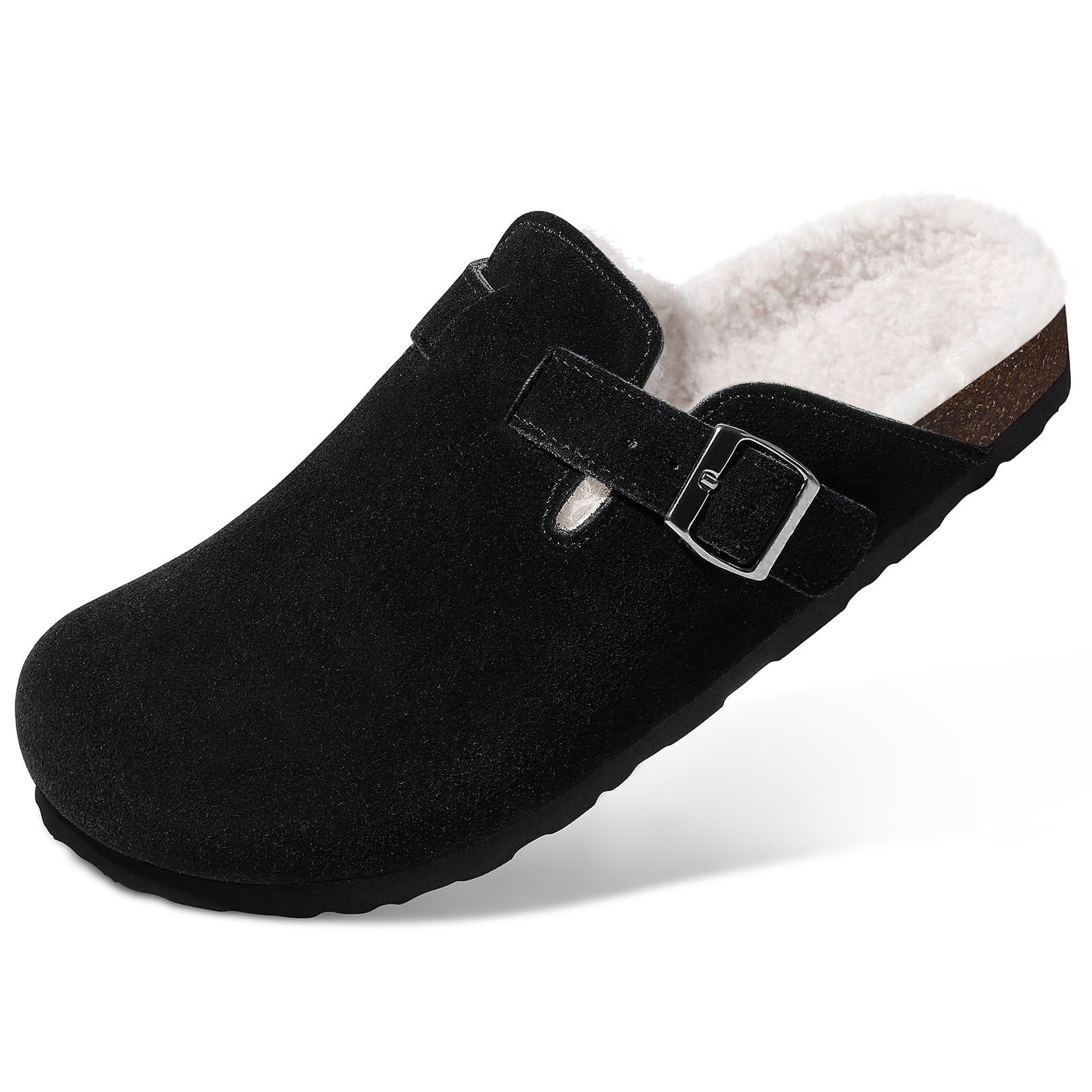 Litfun Women's Faux Fur Lined Suede Clogs Fuzzy Cork Footbed Mules Slip ...