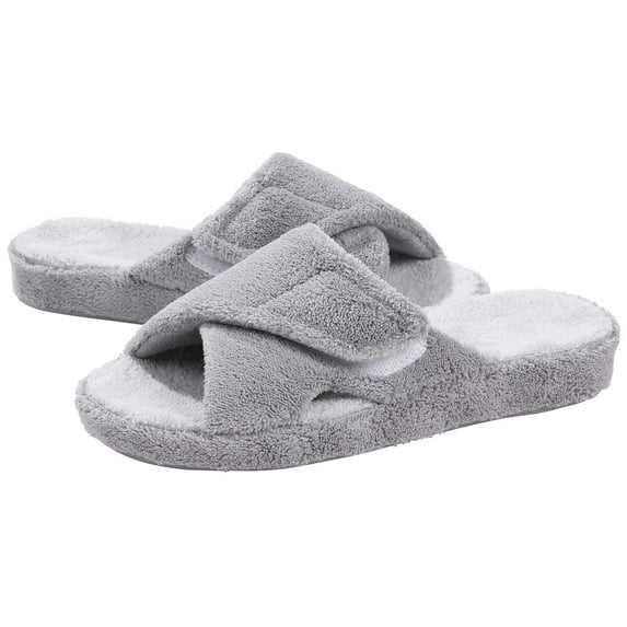 Litfun Women's Fuzzy Open Toe Slippers with Arch Support Adjustable Terry Cloth Indoor House ...