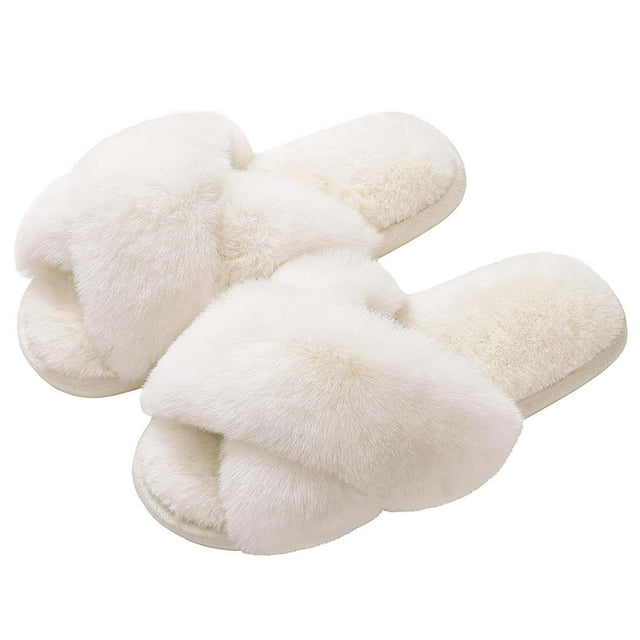Litfun Women's Fuzzy Slippers Open Toe Cross Band Slippers Memory Foam House Slippers for Women ...