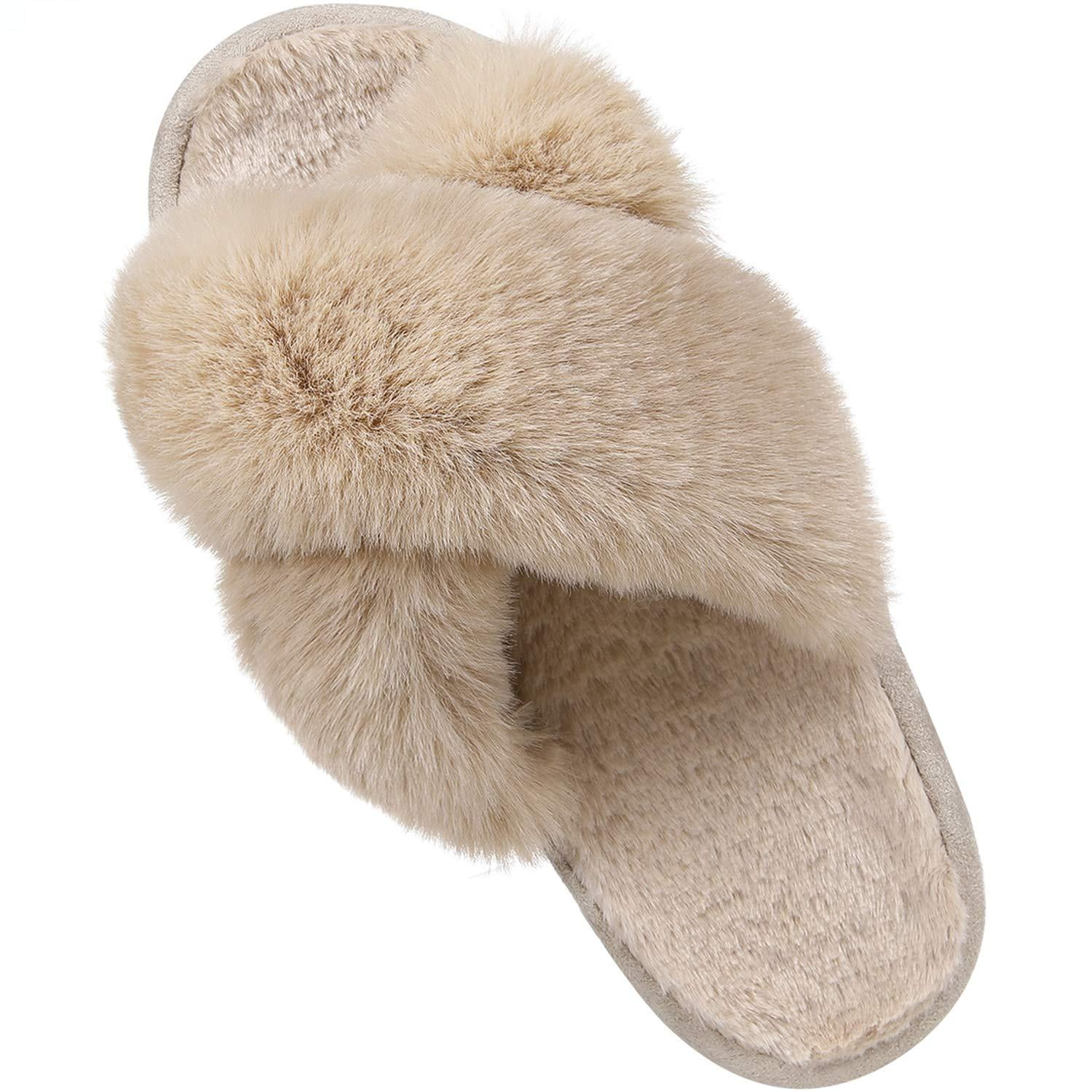 Litfun Women's Fuzzy Slippers, Plush Cross Band, Open Toe, Camel, Size ...