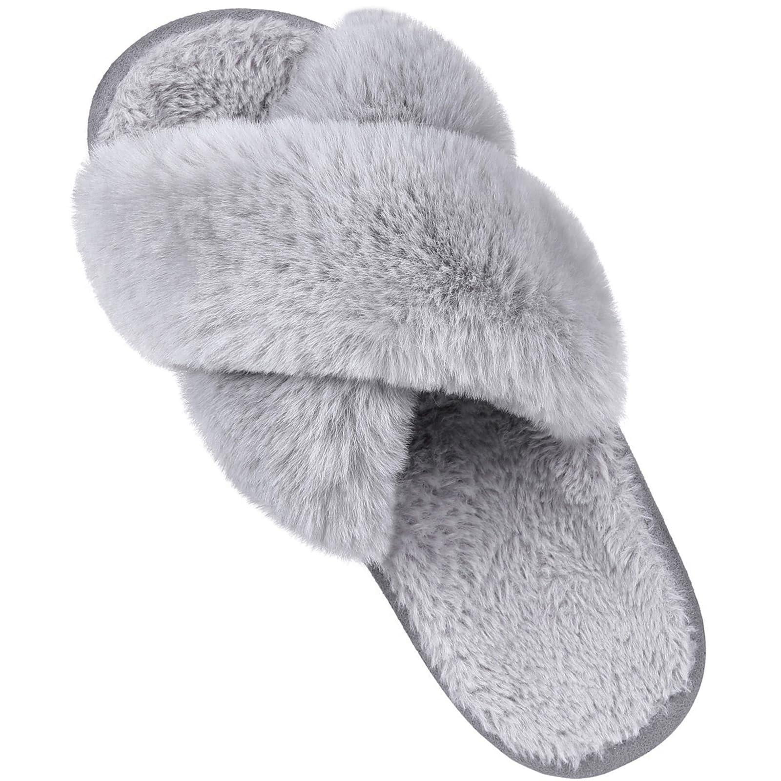Litfun Women's Fuzzy Slippers, Size 10-11, Plush Cross Band, Open Toe ...