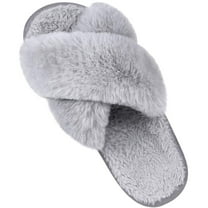 Litfun Women's Fuzzy Slippers Open Toe Cross Band Slippers Memory Foam ...