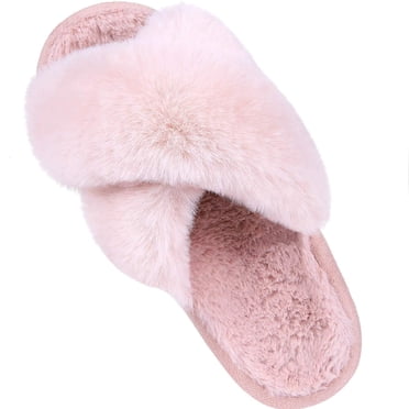 Litfun Women's Fuzzy Slippers Open Toe Cross Band Slippers Memory Foam ...