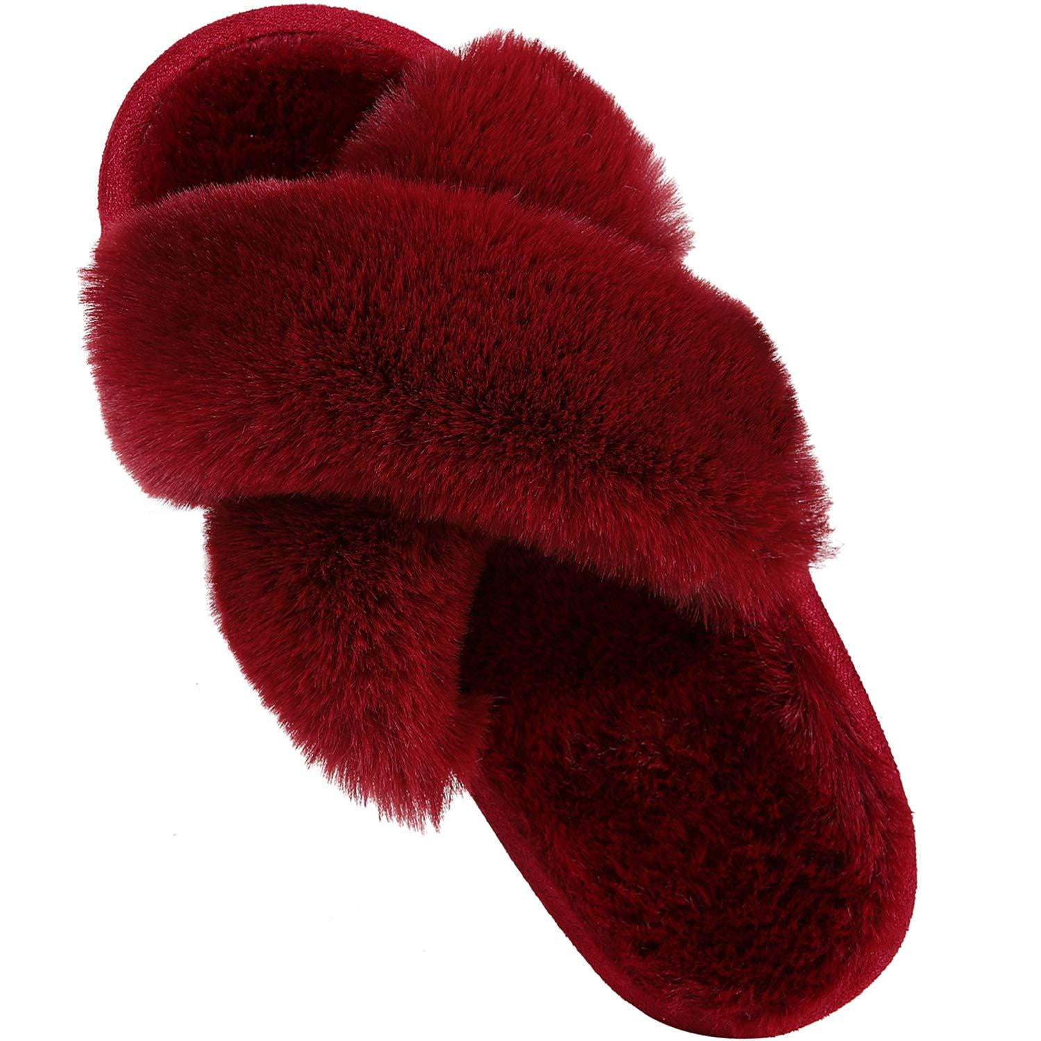 Litfun Women's Fuzzy Slippers Plush Cross Band Open Toe House Thick Sole Slippers, Wine Red ...