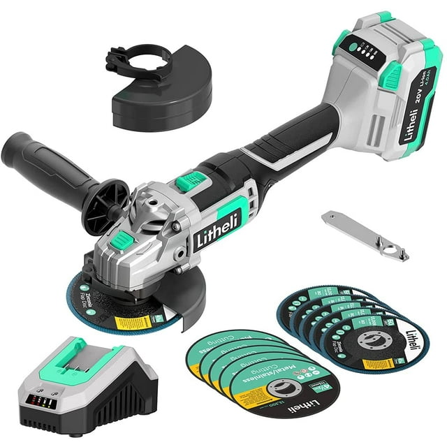 Litheli 20V Hand Operated Cordless Angle Grinder, 4-1/2″ Power Tools with 4.0 Ah Battery & 2.4 A ...