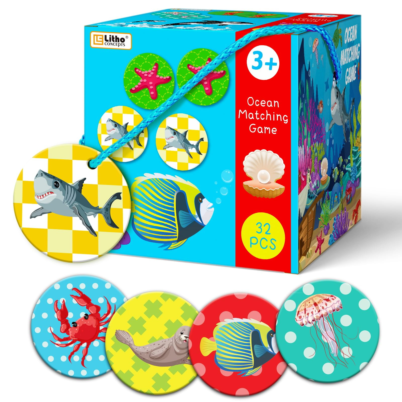 LithoConcepts Memory Card Game TSF6 - 16 Pairs Ocean Animals Memory ...