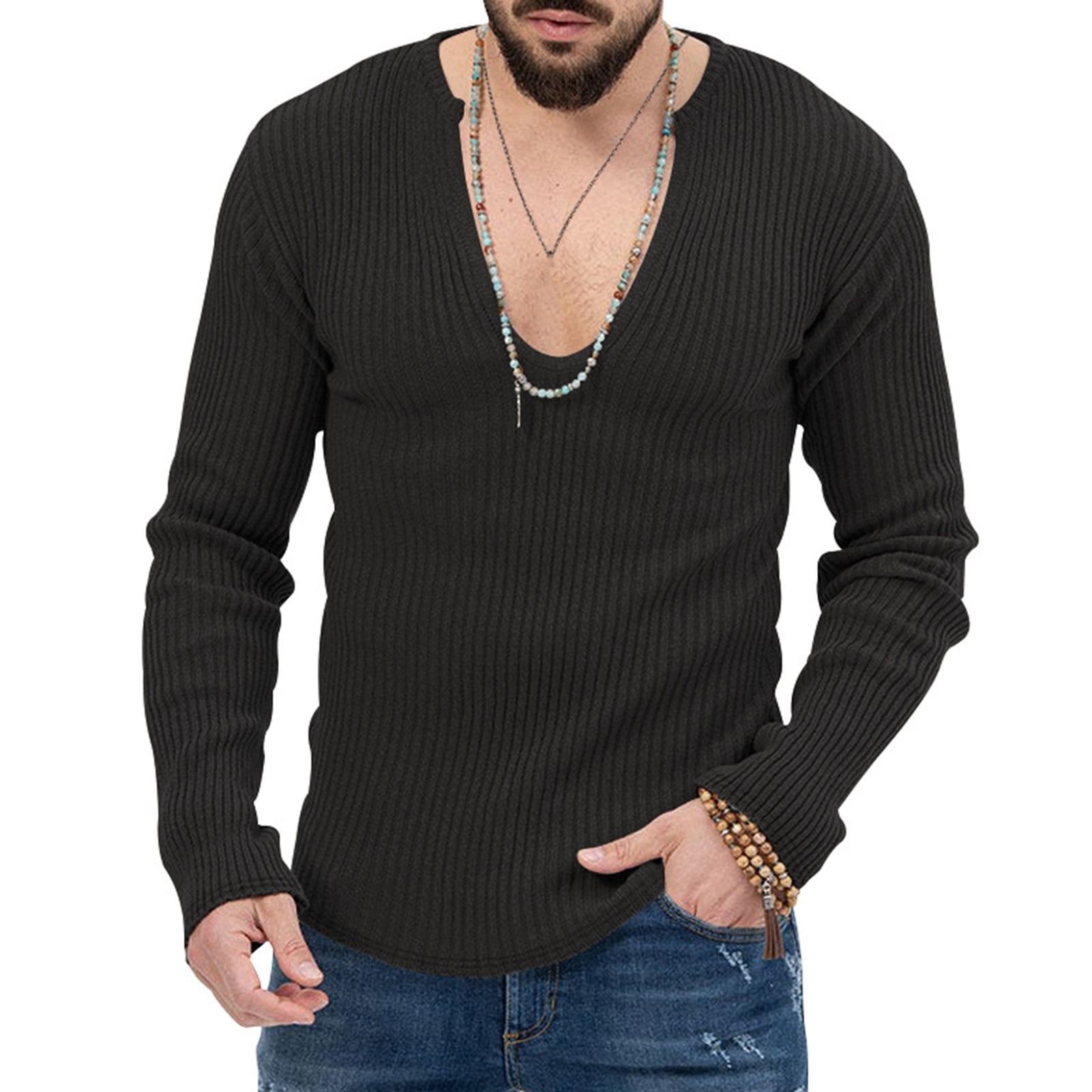 Litie Men Solid Color Ribbed Deep V Neck Long Sleeves Slim Fit Pullover ...
