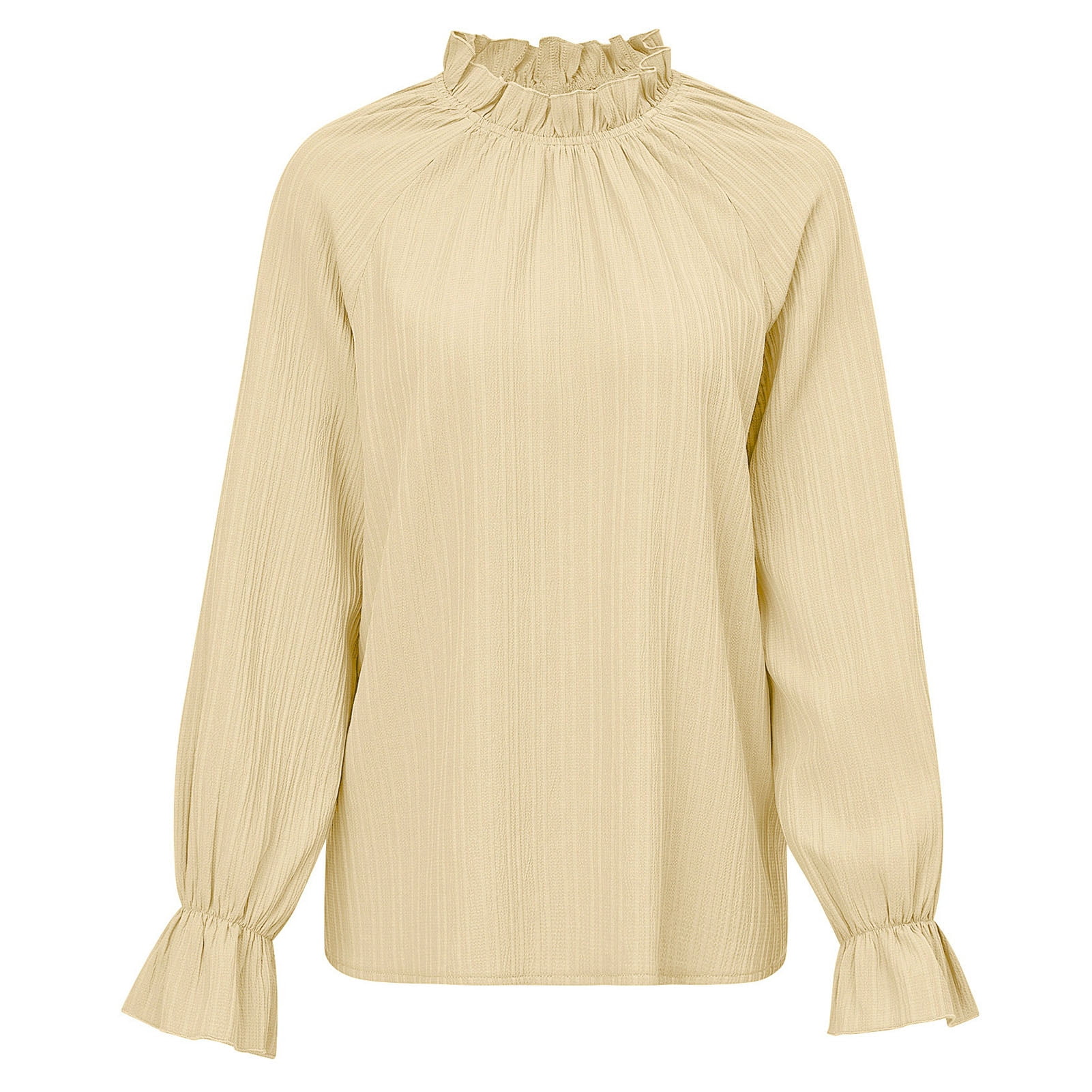 Litie Solid Color Texture Stand Collar Long Sleeve Ruffle Cuffs Pleated ...