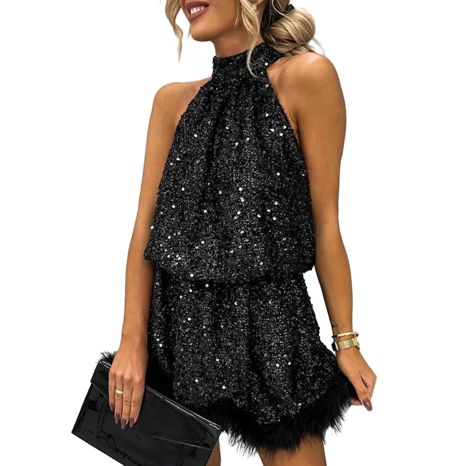Litie Women Sequin Halter Neck Off Shoulder Sleeveless Pleated Backless ...