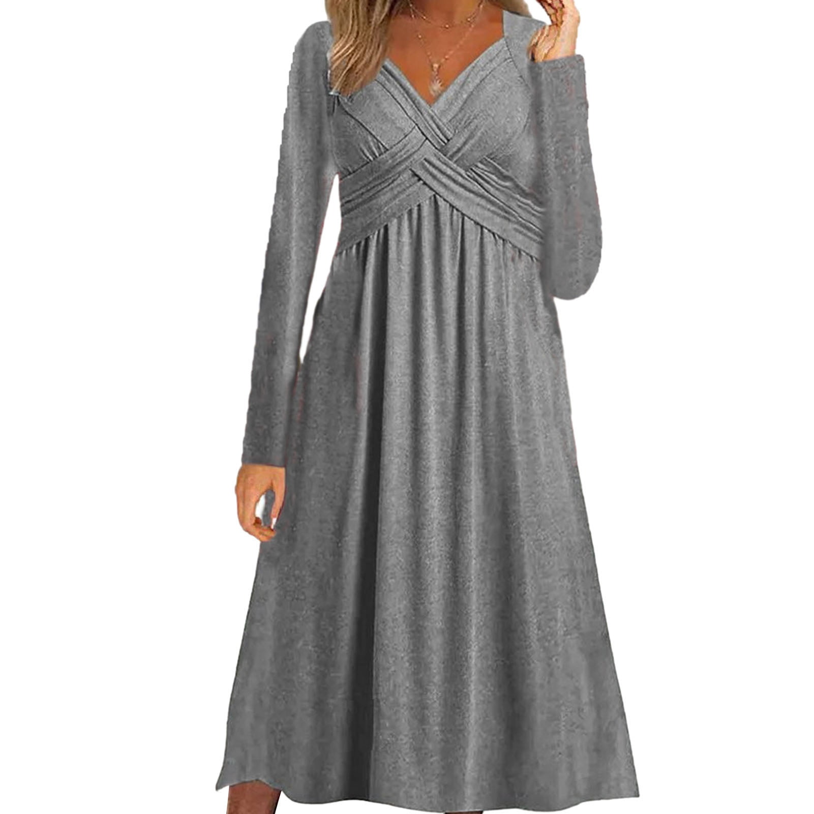 Litie Women Solid Color Cross-over V Neck Long Sleeve Pleated Loose A ...