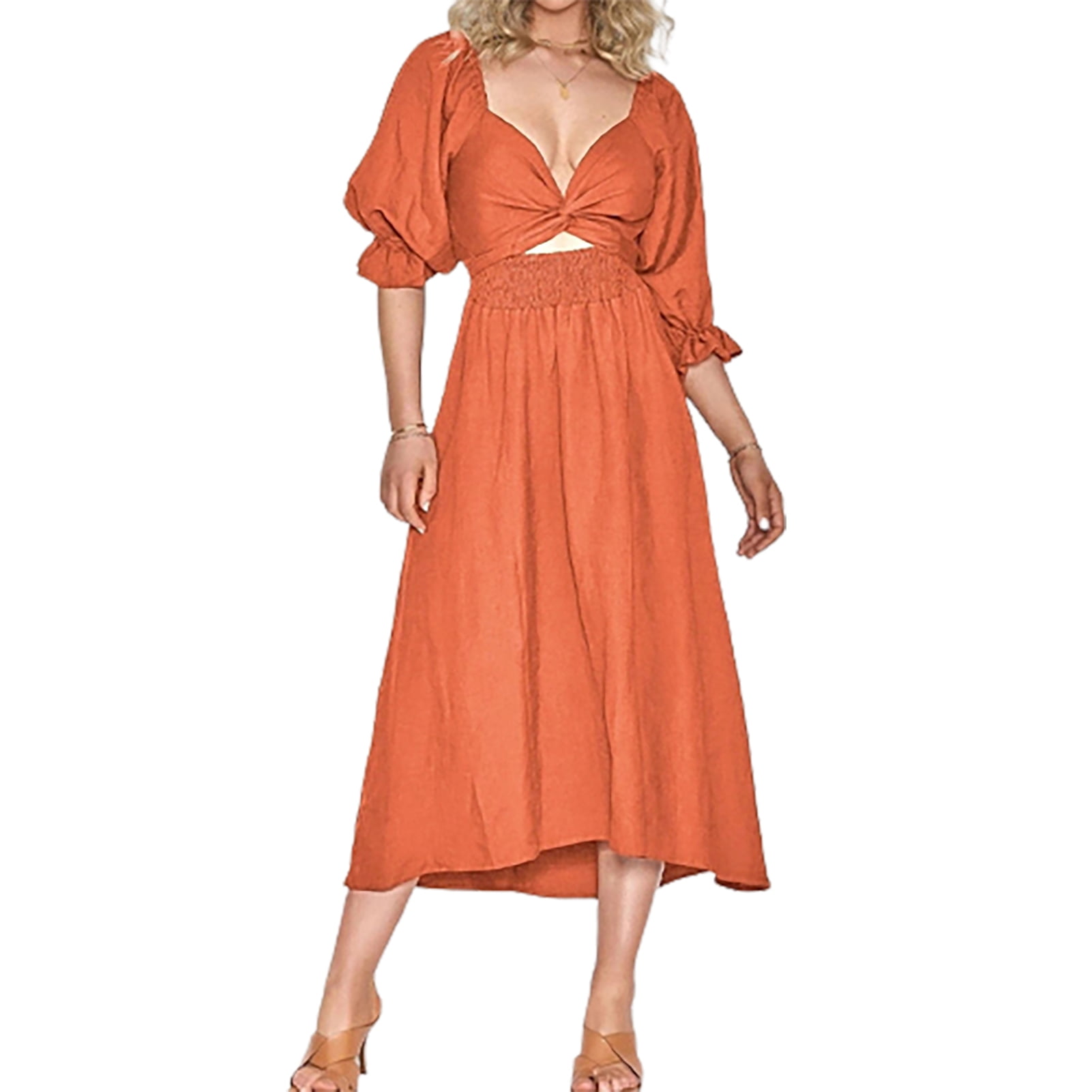 Litie Women Solid Color Deep V Neck Puff 3/4 Sleeves Elastic Waist ...