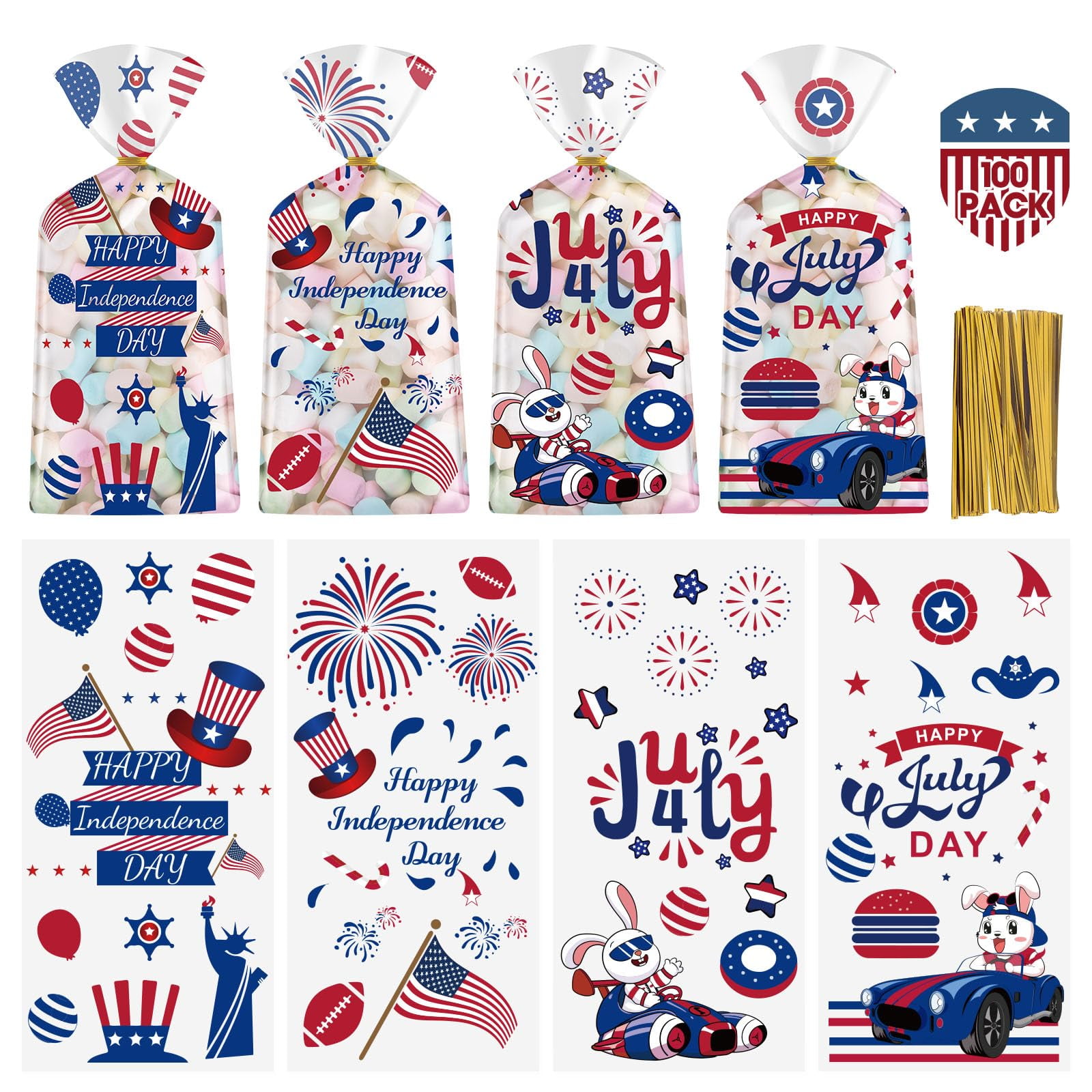 Litmitfu 100 Pcs 4th of July AIS1 Treat Bags - Day Plastic Cellophane ...