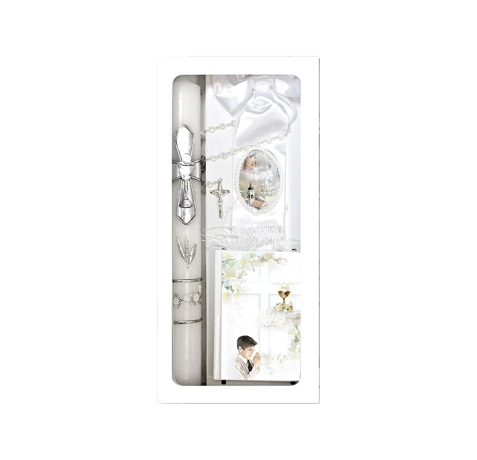 Lito First Communion Candle Set for Boys - White Silver Cross Candle ...