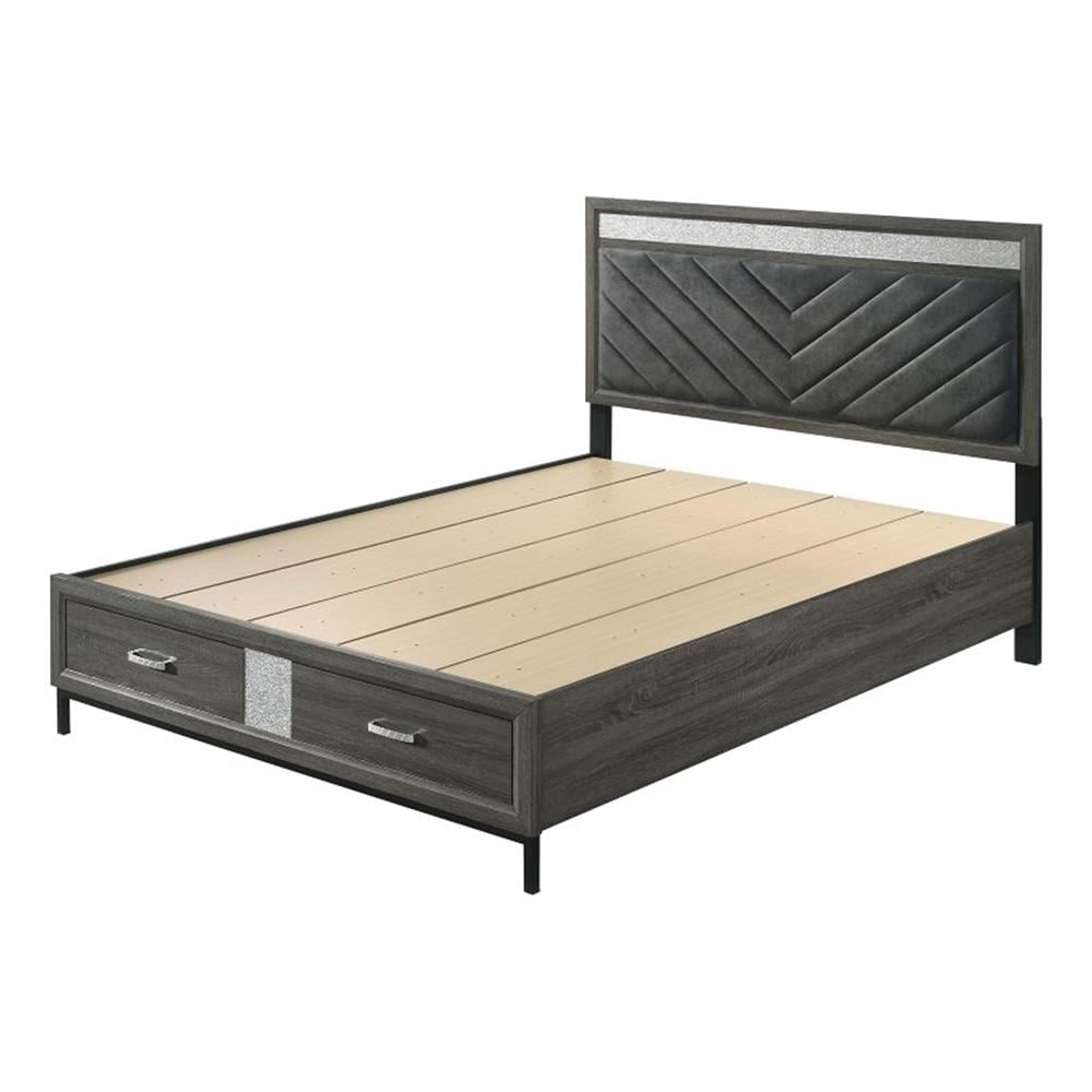 Lito Full Size Bed w Padded Headboard-2 Footboard Drawers-Gray ...