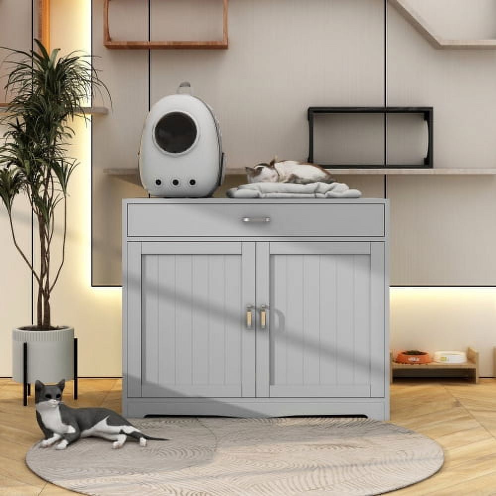Litter Box Enclosure, 2 Doors Cat Litter Box Furniture with Hidden Plug ...