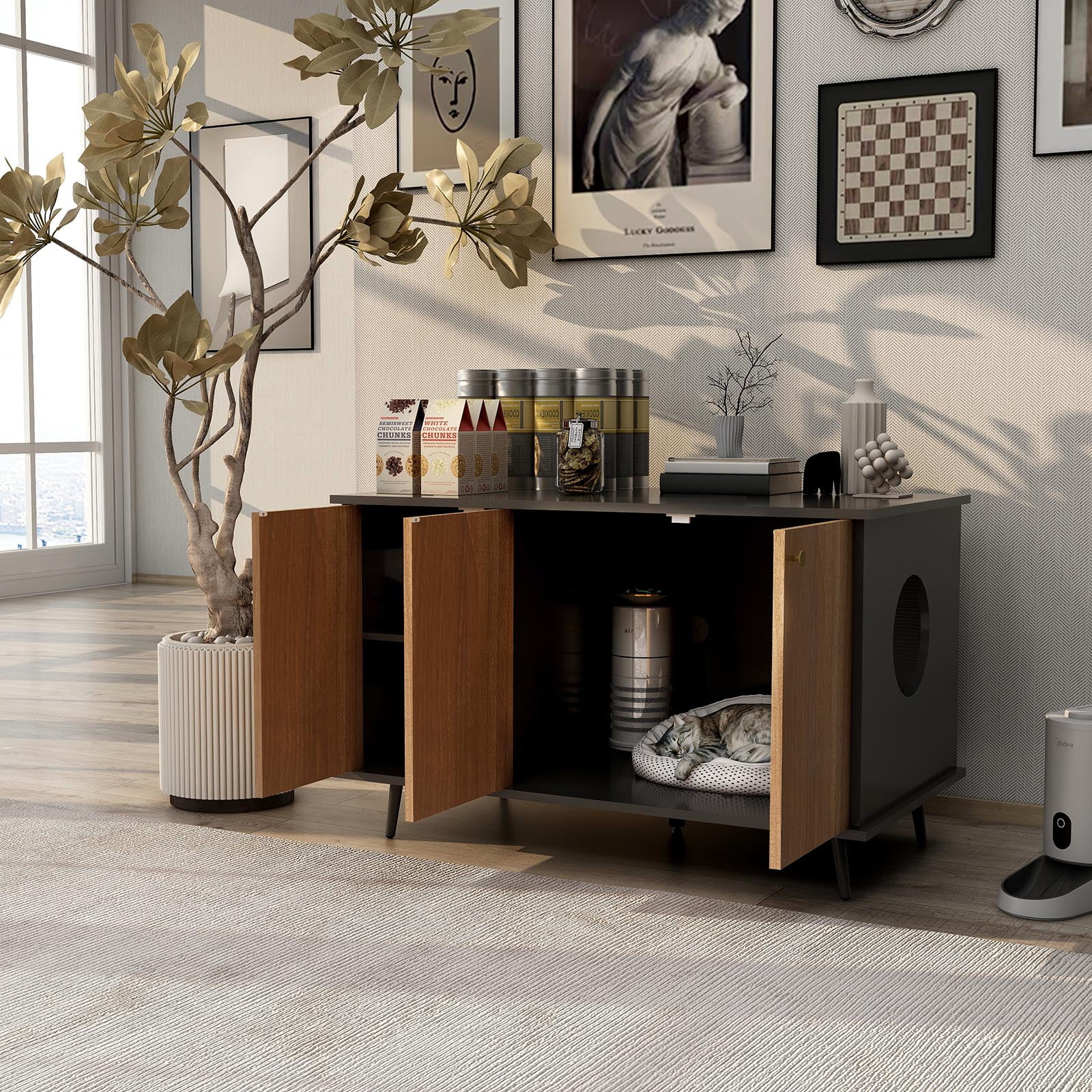 Litter Box Enclosure, Cat Litter Box Furniture with Hidden Plug, 3 ...