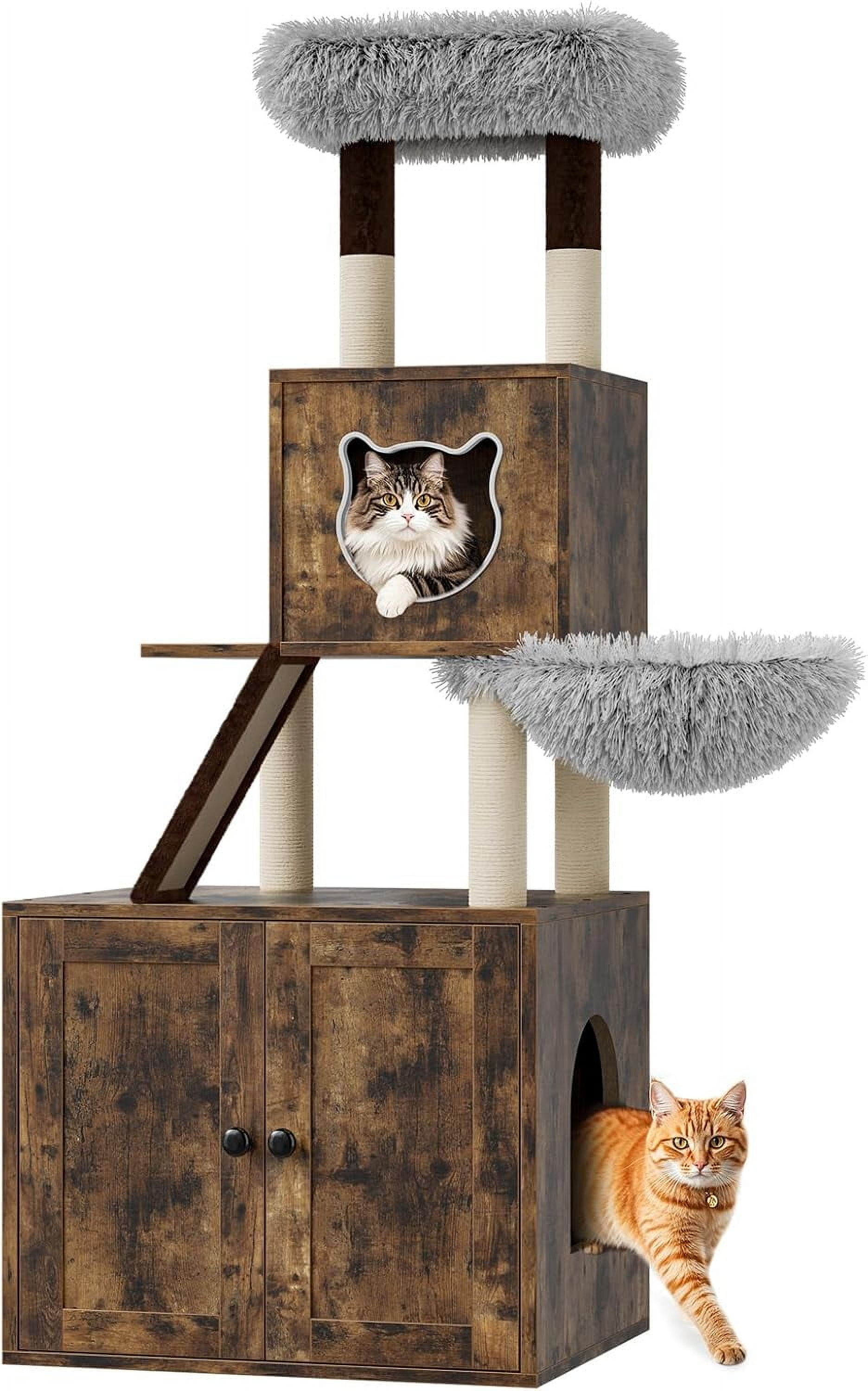 Litter Box Enclosure with Cat Tree Tower and Condo, Hidden Cat Washroom ...