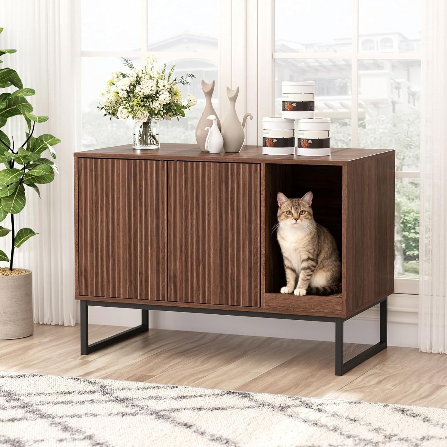 Litter Box Enclosure, Fluted Litter Box Furniture with Scratch Pad and ...