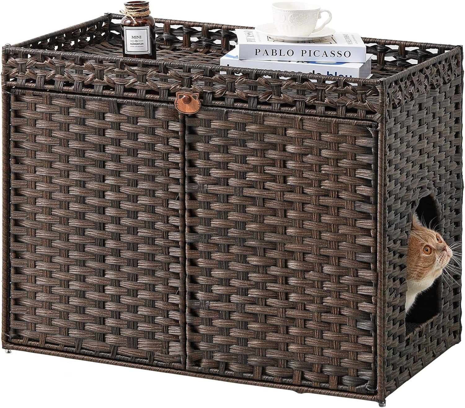 Litter Box Enclosure Furniture, Handwoven Rattan Litter Box with Mat ...