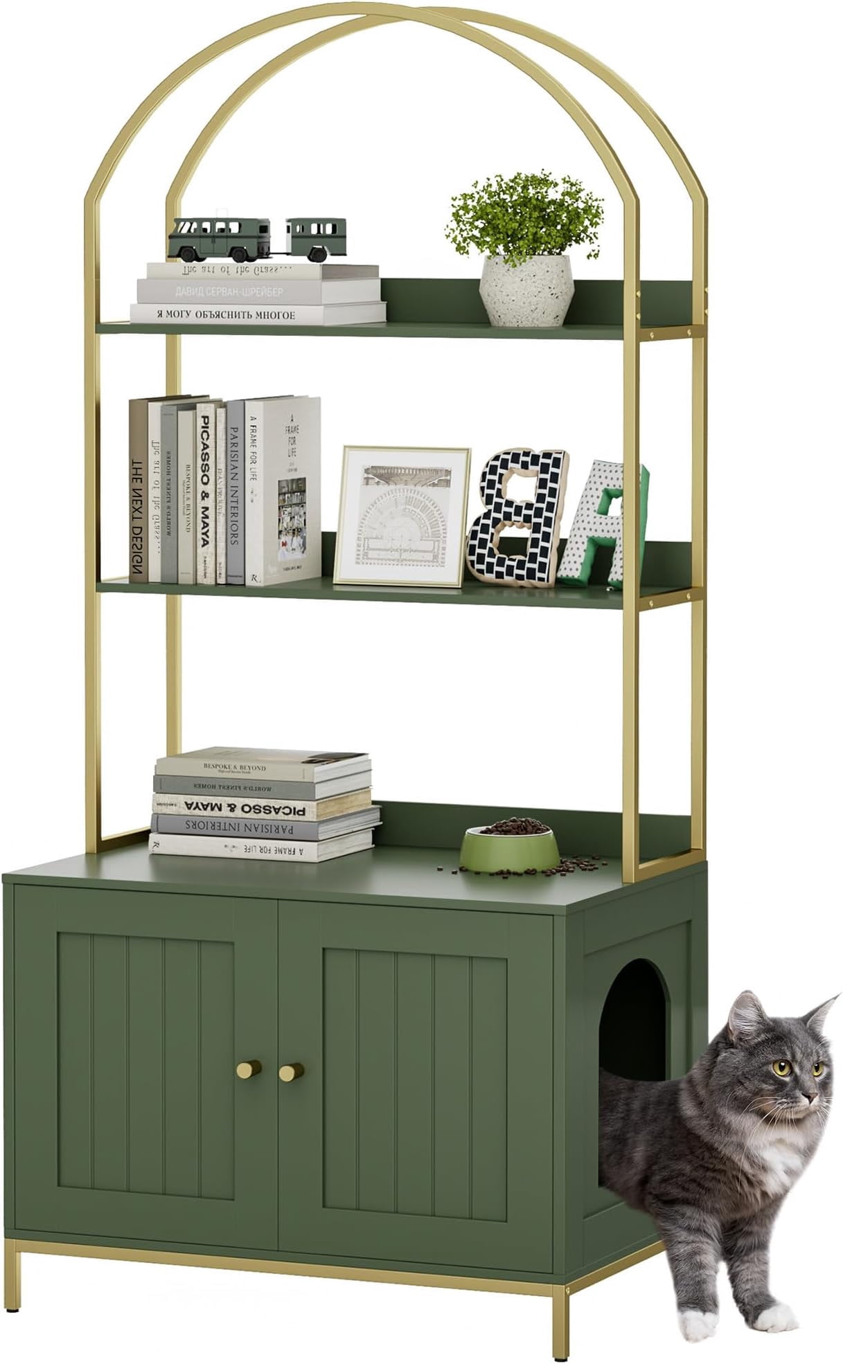 Litter Box Enclosure, Litter Box Furniture with 2-Tier Storage Shelves ...