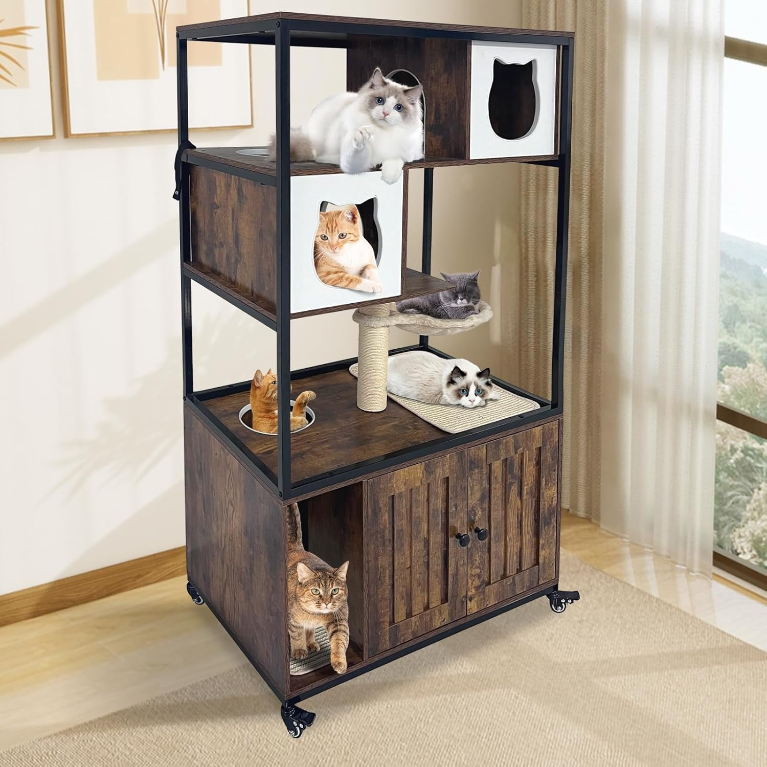 Litter Box Enclosure with Wooden & Metal Frame, Multi-Level Cat Tree ...