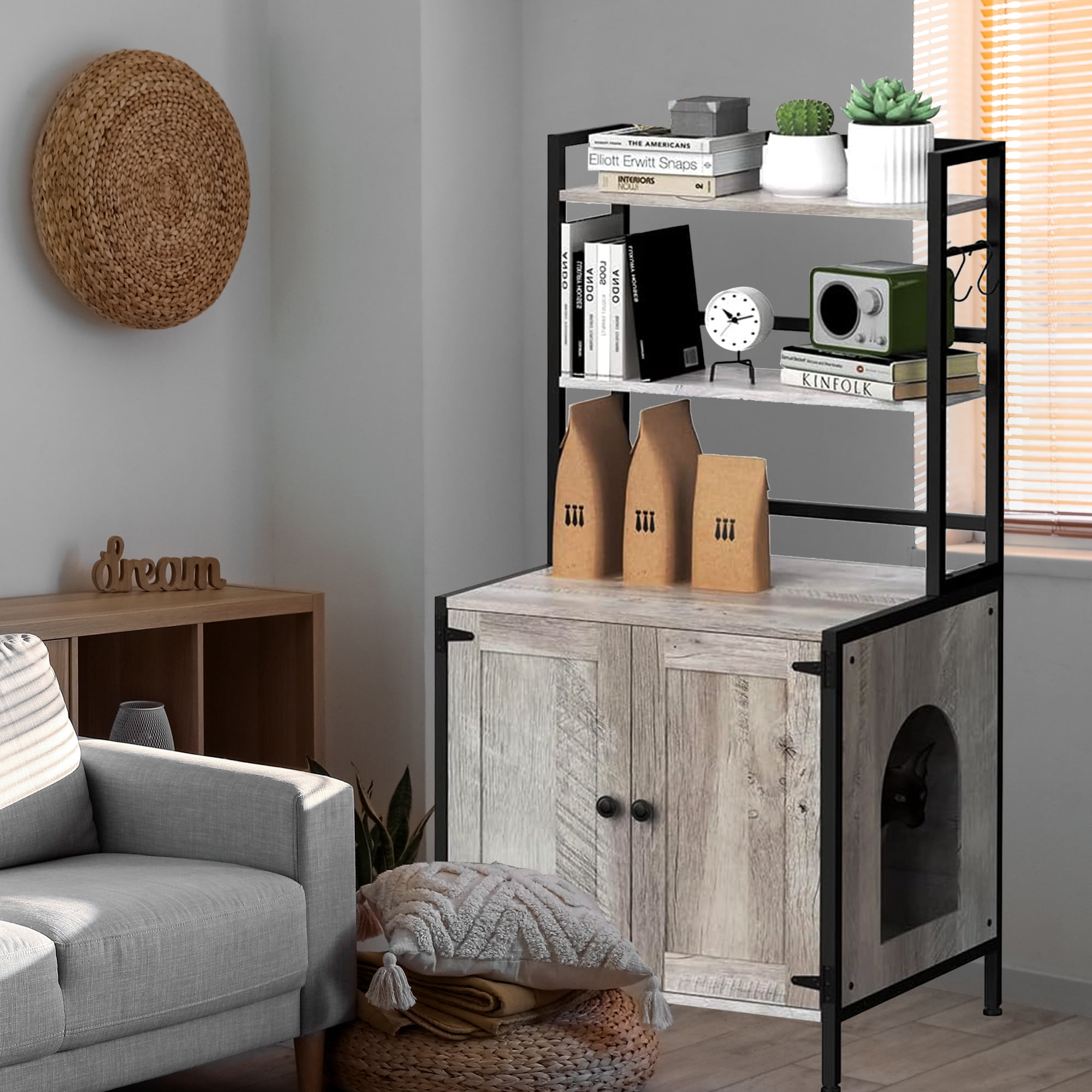 Litter Box Enclosure with Shelves Wood Pet Crate Storage Cabinet Cat ...